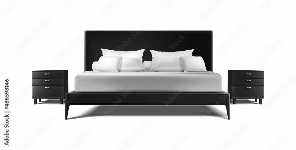 3d realistic vector illustraton. Interior design. King size bed frame ...