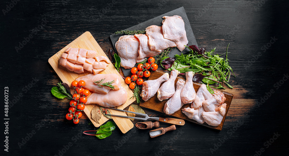 Prepared for frying, butchered various portions of raw chicken meat ...