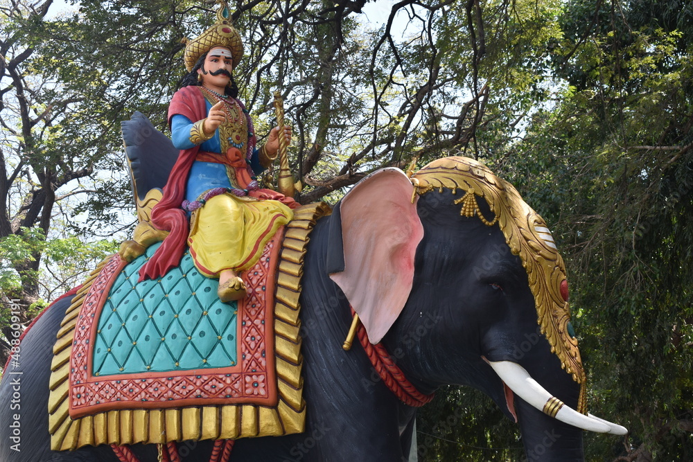 statue of Karikala Cholan riding on elephant who built kallanai dam ...