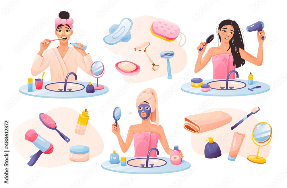 Morning hygiene collection. Young girl during daily hygiene. A set of ...