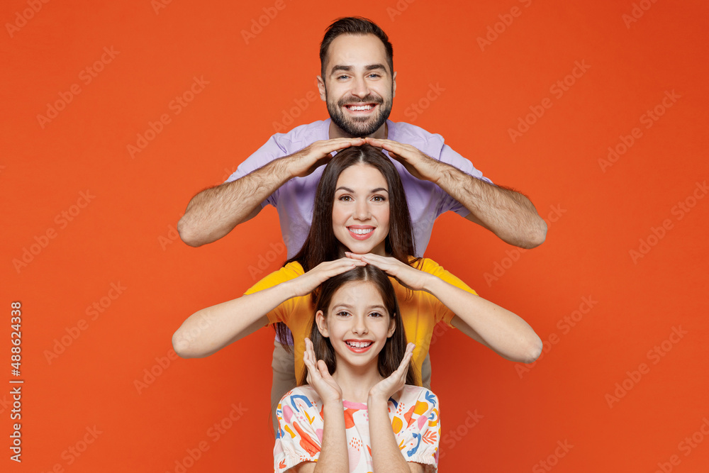 Young happy parents mom dad with child kid daughter teen girl in basic ...