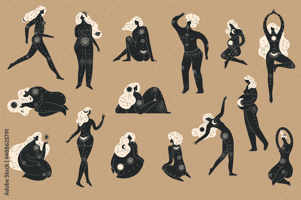 Female deities, antique ethnic statues in boho style with stars, moons ...