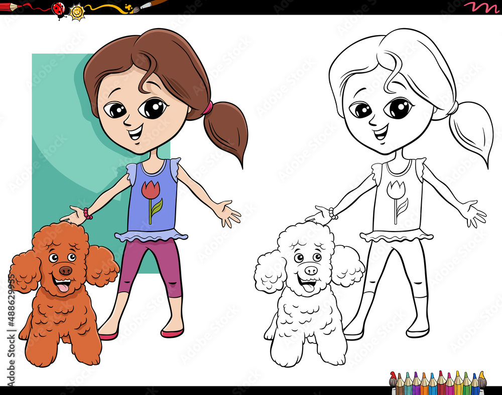 cartoon girl and her poodle dog coloring book page Stock Vector | Adobe ...
