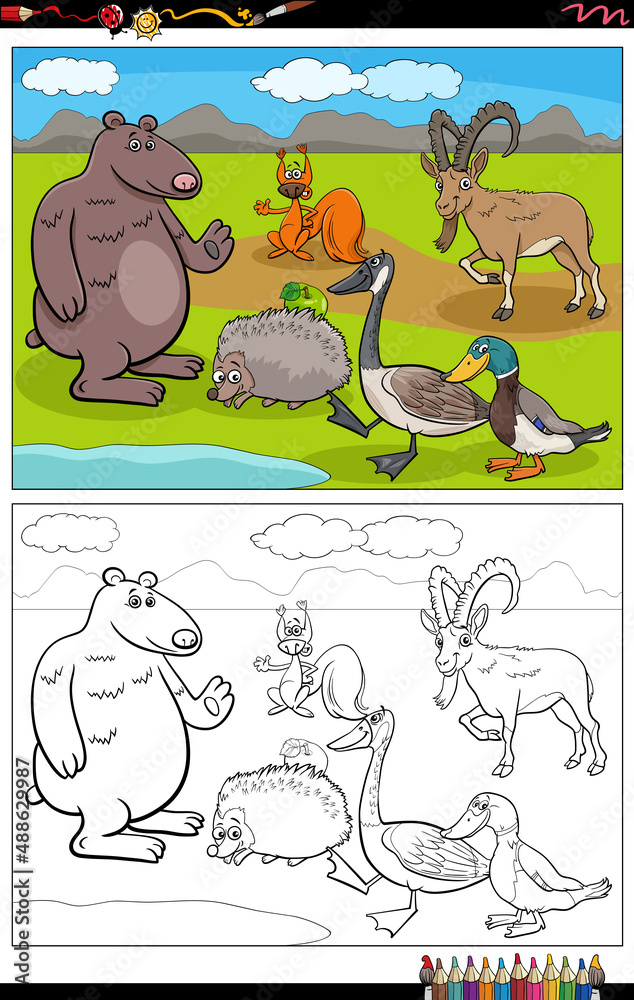 cartoon wild animal characters group coloring book page Stock Vector ...