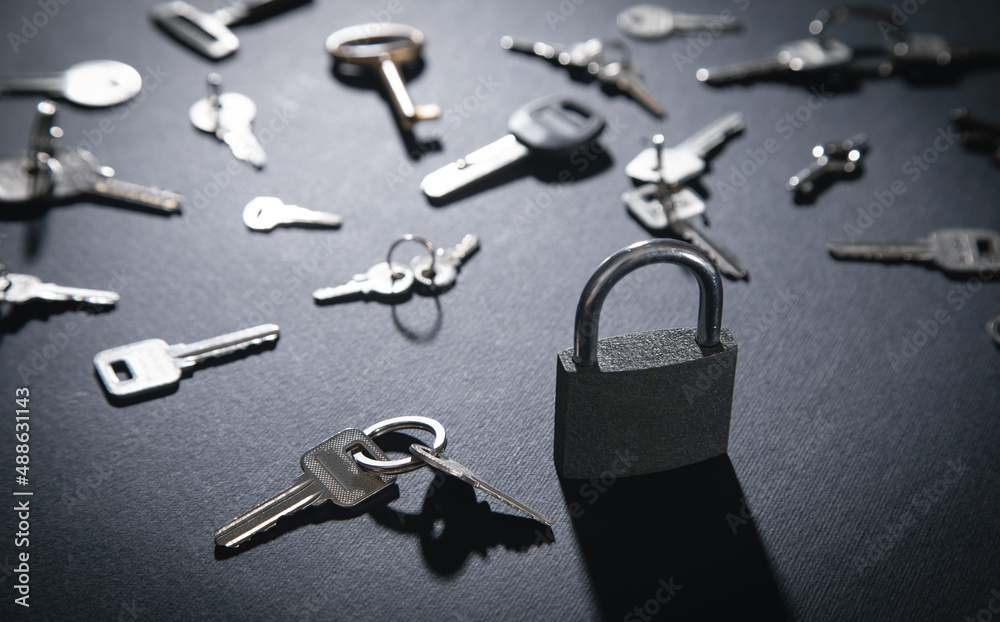 Padlock and keys on the black background. Stock Photo | Adobe Stock