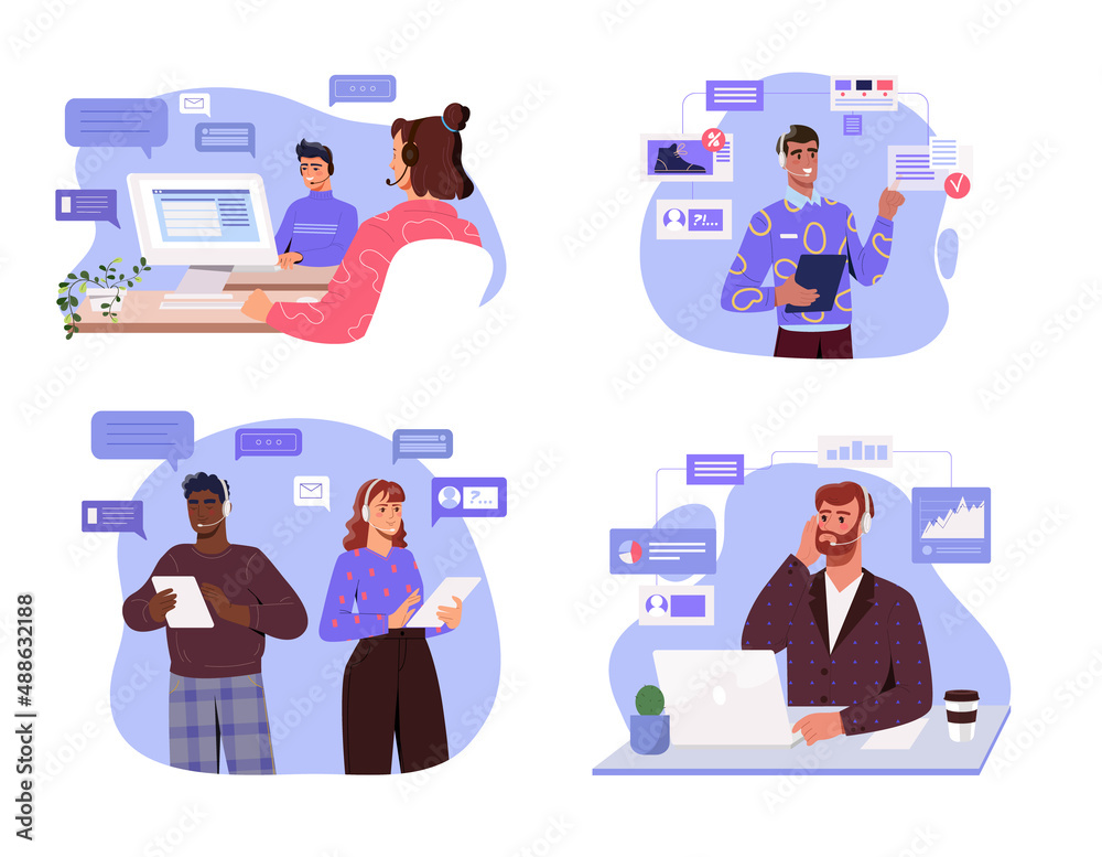 Support Service Operators concept. Set of men and women with headset ...