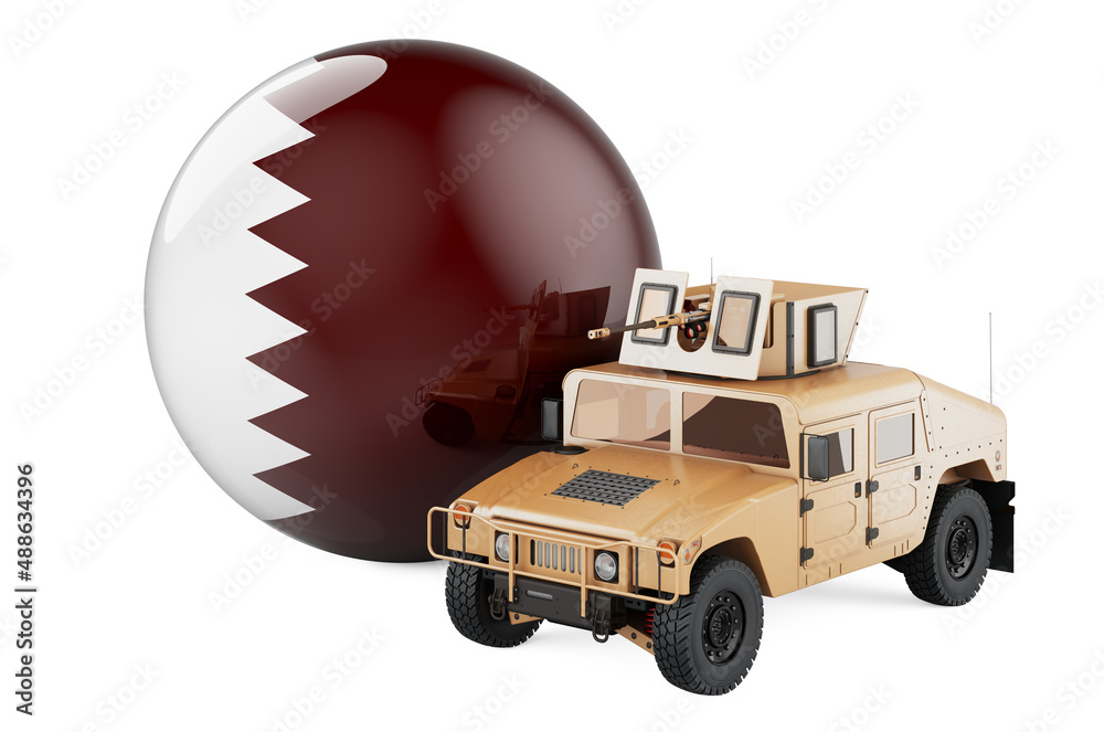 Military truck with Qatari flag. Combat defense of Qatar, concept. 3D ...