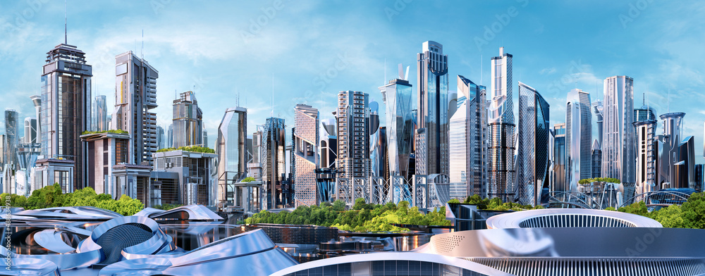 Future smart city skyline panorama 3D scene. Futuristic eco cityscape ...