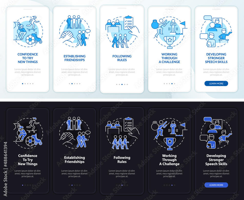 Child development night and day mode onboarding mobile app screen ...