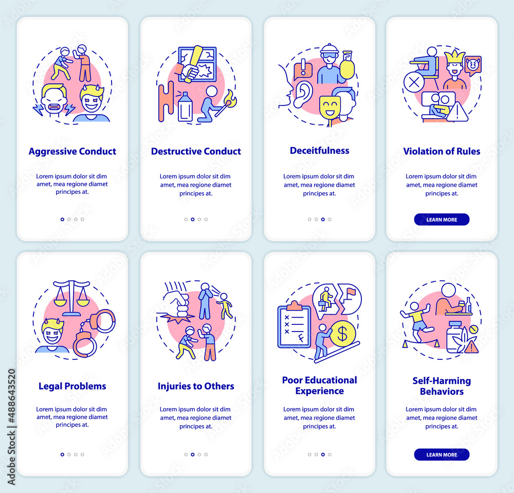 Conduct disorder onboarding mobile app screen set. Behavior and effect ...