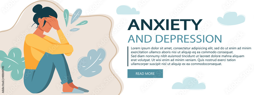 Anxiety and depression website banner. Sad woman. Cyber bullying ...