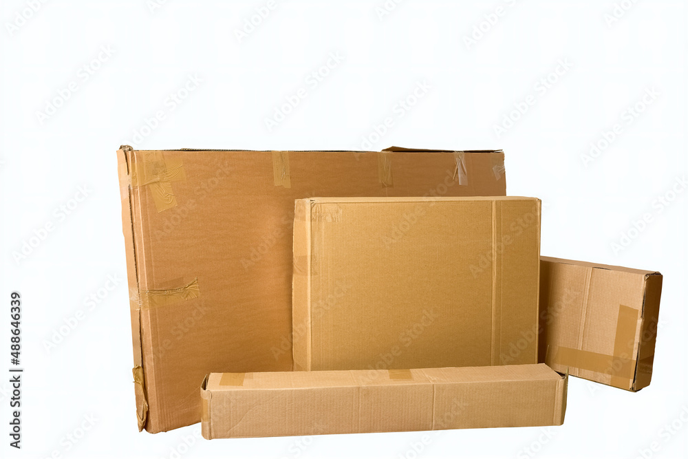 Cardboard boxes with furniture assembly kit on a white background ...