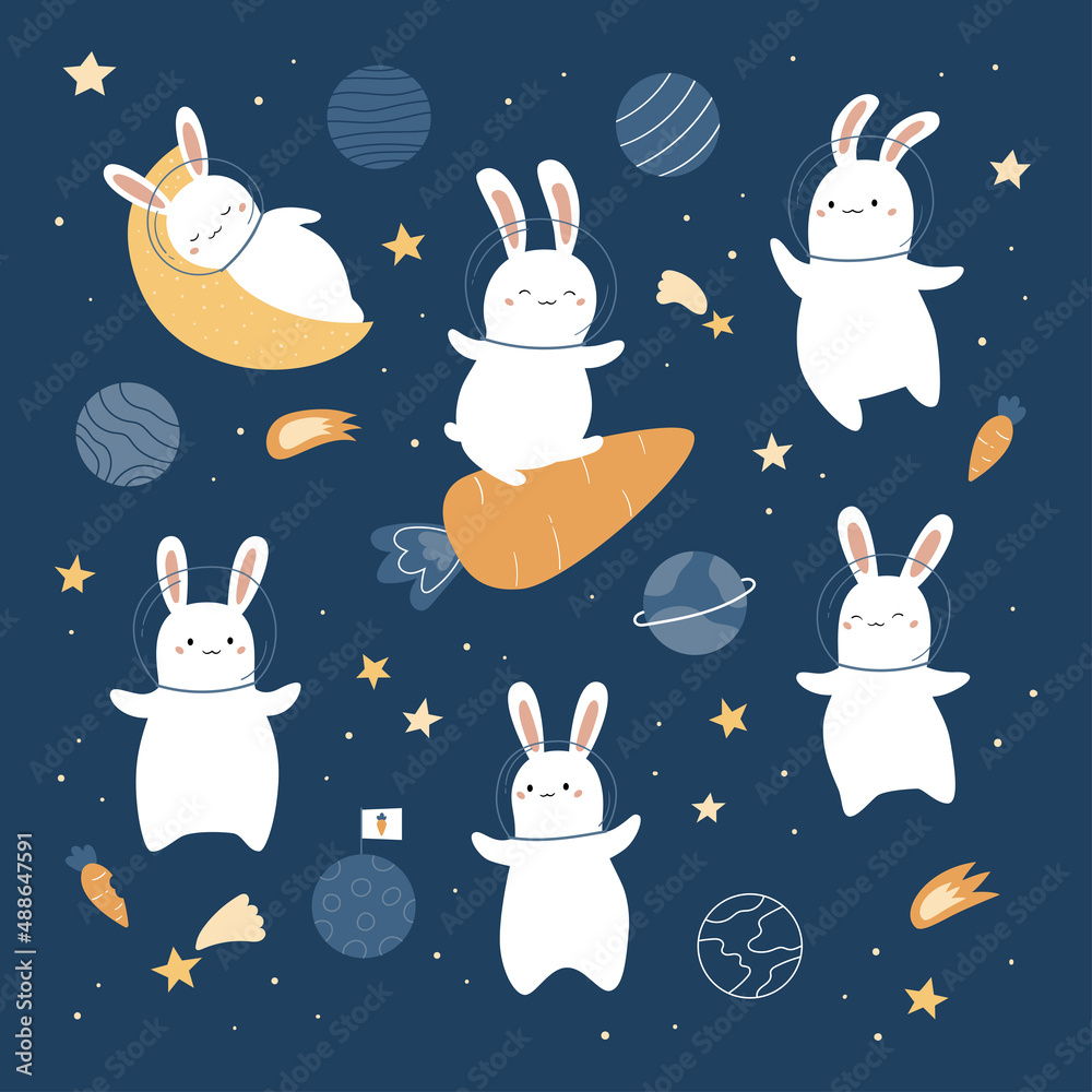 Kawaii space rabbits. Hand drawn planets, moon, stars, spaceship and ...