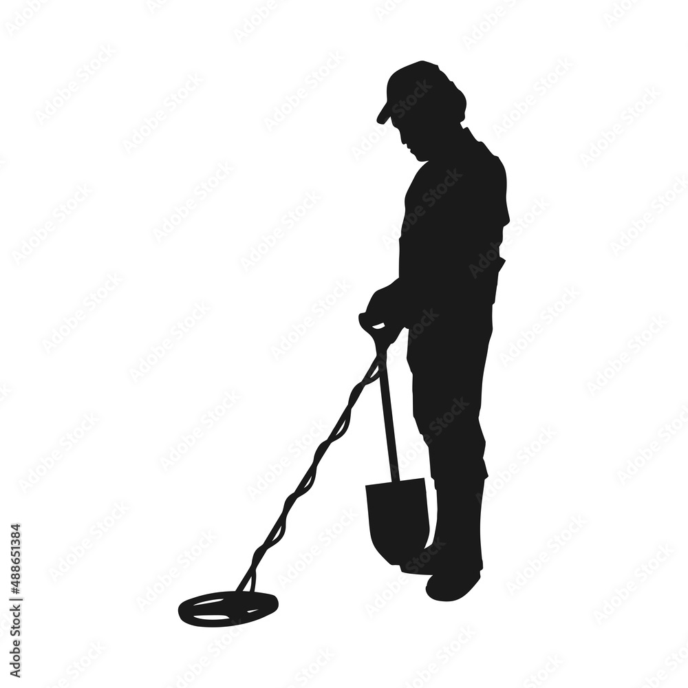 Silhouette of a man with a metal detector vector illustration in black ...