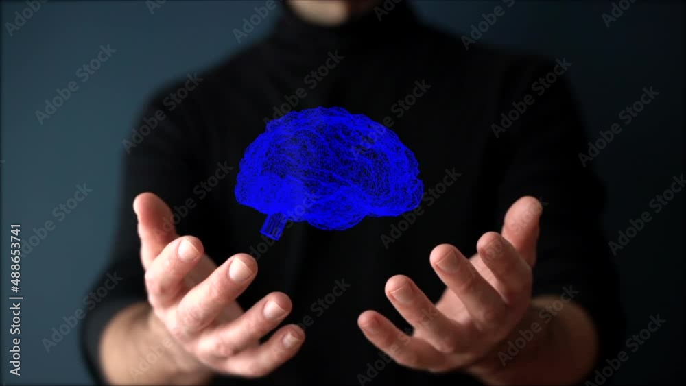 Brain hologram. Virtual 3D digital hologram of a rotating brain in the ...