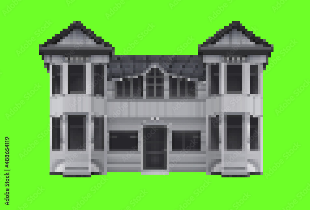 Pixel artwork illustration of gray colored house mansion on green ...