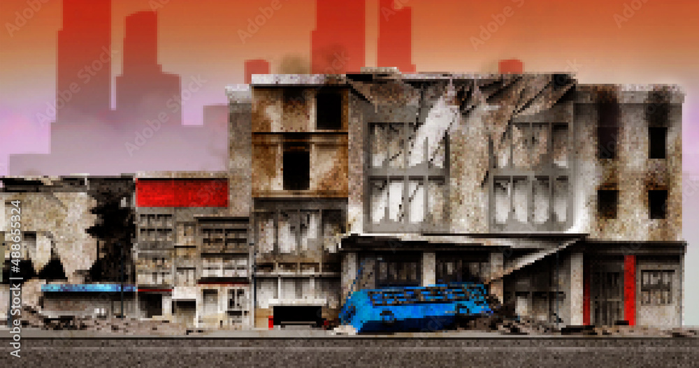 Pixel artwork illustration of destroyed city street ruins with ...