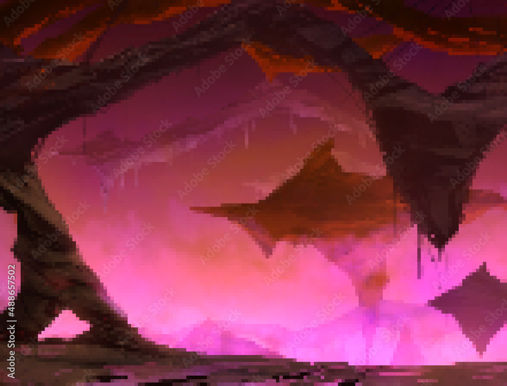Pixel artwork illustration of fantasy hell underworld or cave level ...