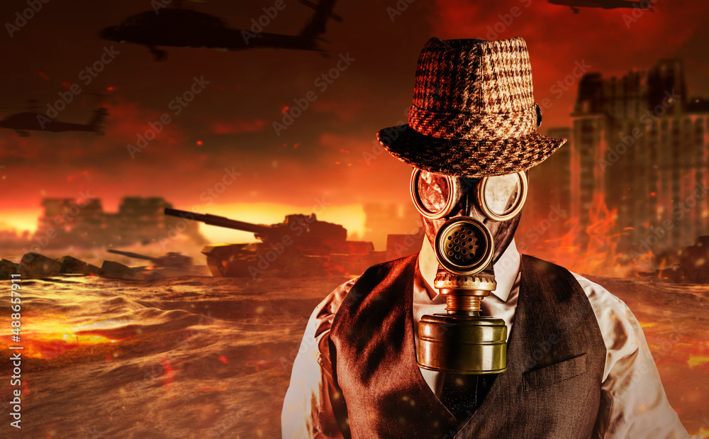 Portrait photo of post apocalyptic male citizen in formal outfit, hat ...