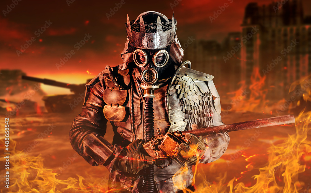 Photo of post apocalyptic warrior with armored outfit jacket and scrap ...
