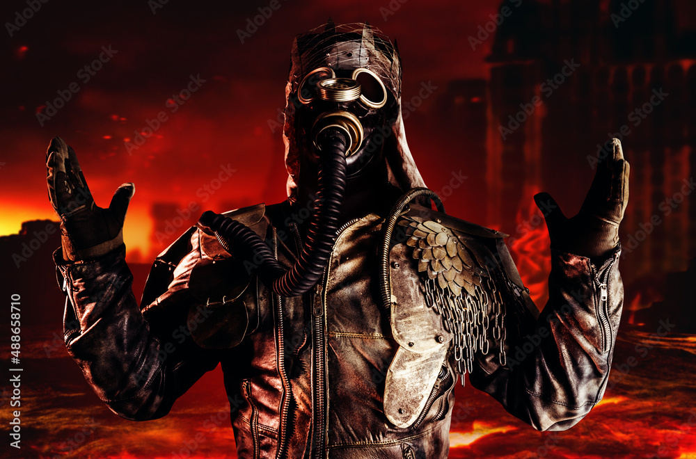 Photo of fantasy post apocalyptic warrior with armored outfit jacket ...