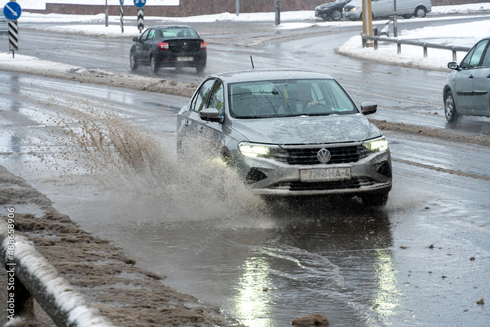 Grodno, Belarus, February 9, 2022: Motion of the car in the rain on a ...