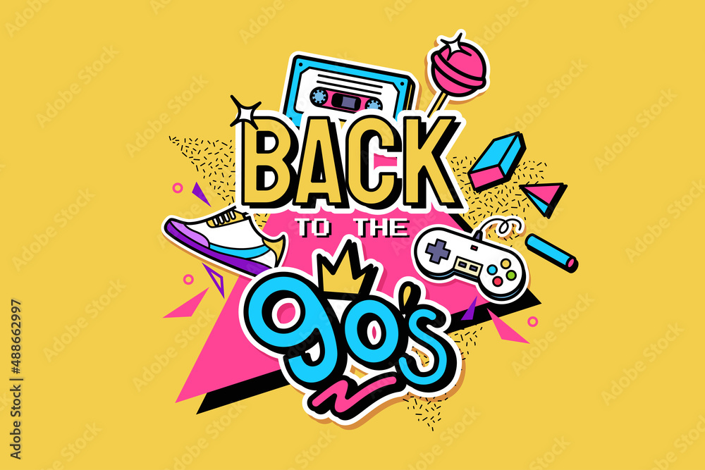 Back to the 90's. Colorful poster with lettering, abstract geometric ...