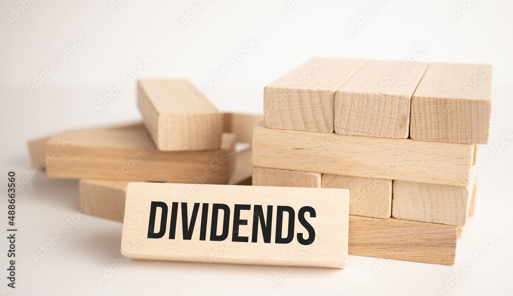 DIVIDEND word text from wooden cube block letters on braided rattan ...