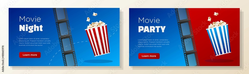 Movie night online banner template set, film theater party corporate ...
