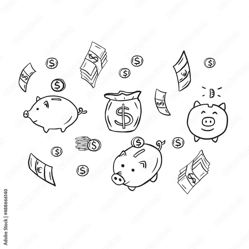 Money and coins doodles. Illustration of finance and currency. Sketch ...
