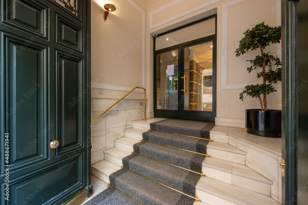 Entrance hall to a residential apartment building with carpet on the ...
