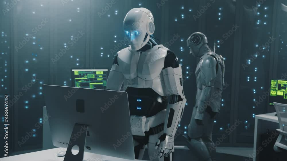 AI concept. Automated robots working in modern computer office. Server ...