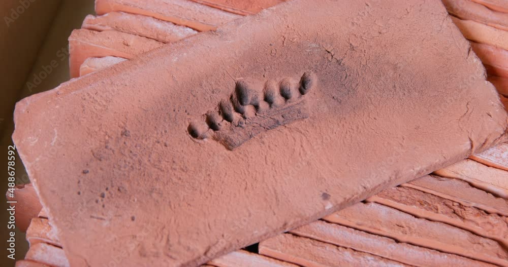 Worker puts brick cast with pattern on rows of orange decorative blocks ...