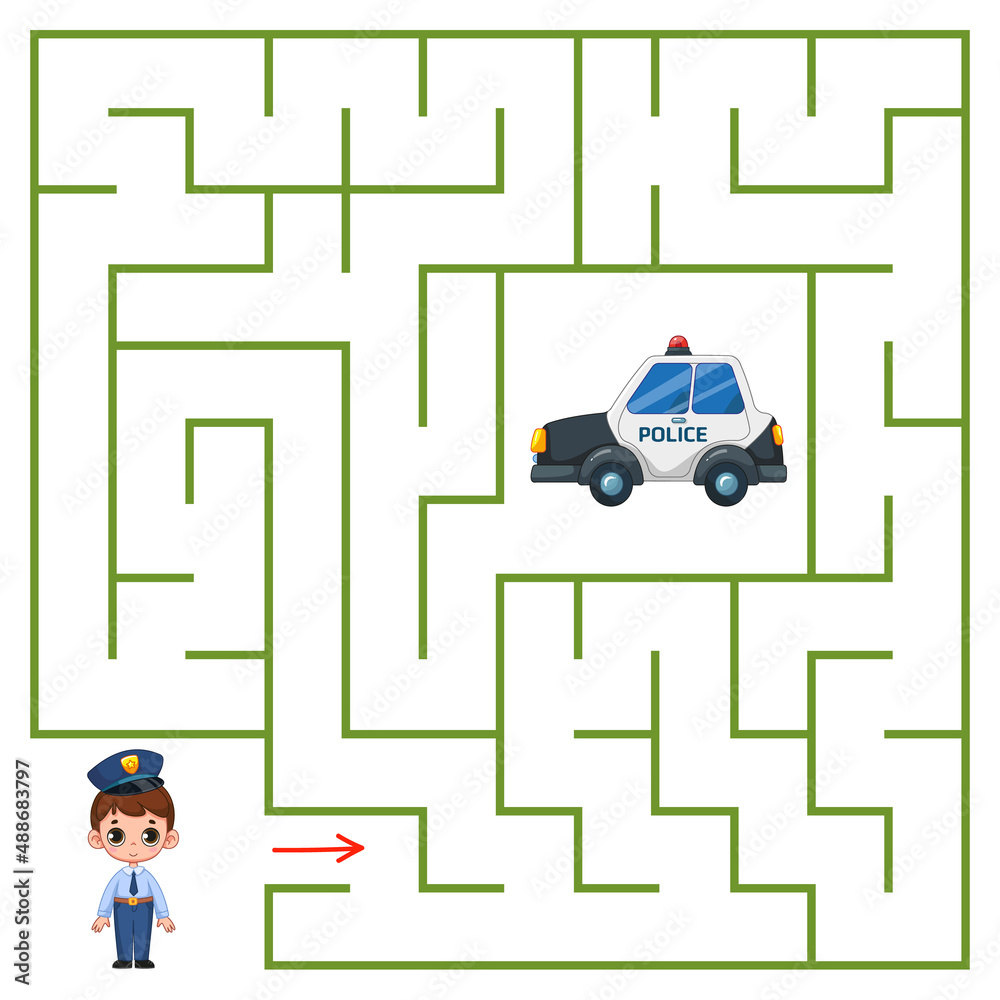 A cute little police boy is looking for a way to the police car through ...