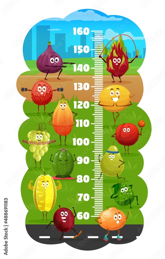 Kids height chart with cartoon fruits characters on fitness. Child ...