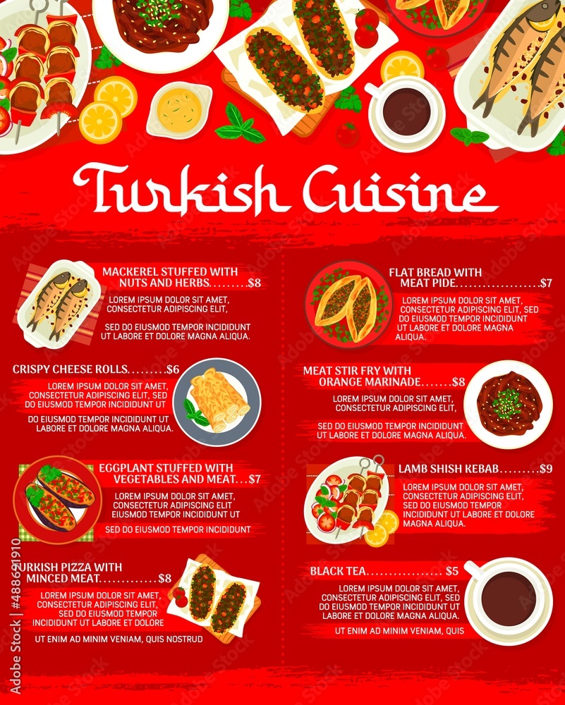 Turkish cuisine menu vector template with traditional food dishes. Meat ...