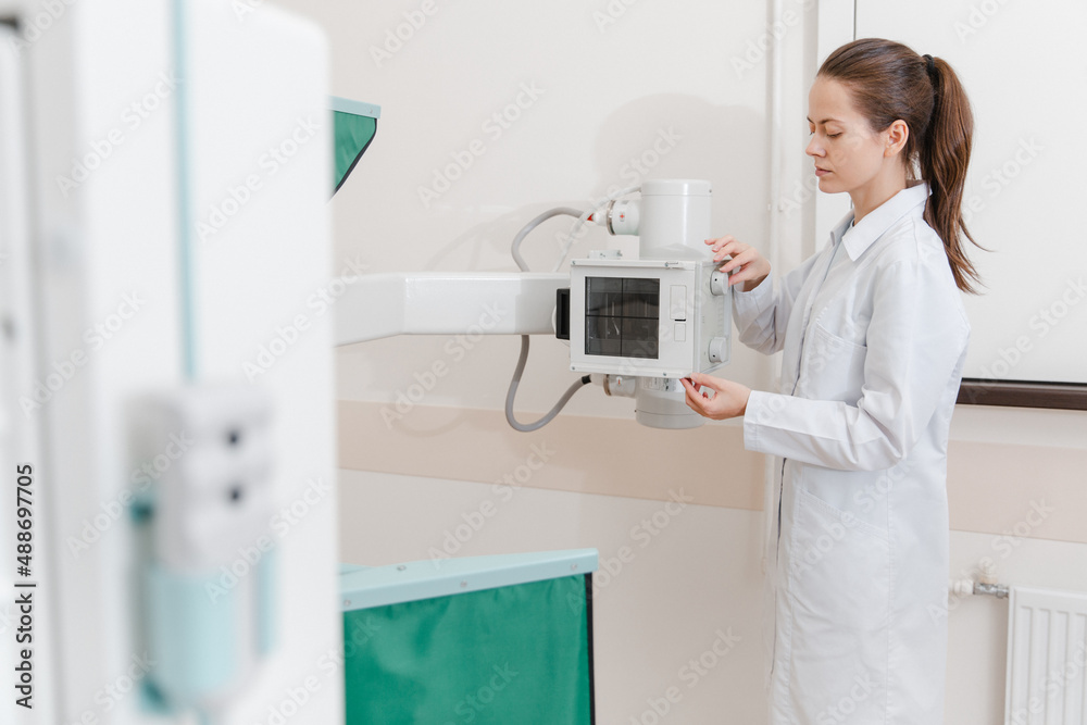 Hospital Radiology Room. Xray machine for fluorography. Doctor ...