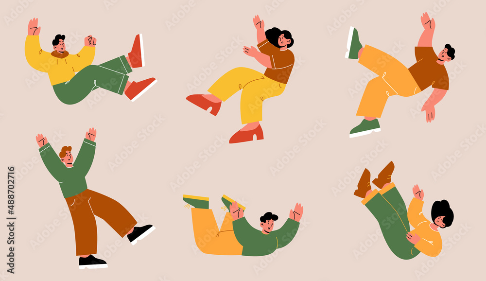 Falling people, unhappy male and female characters fall down due ...