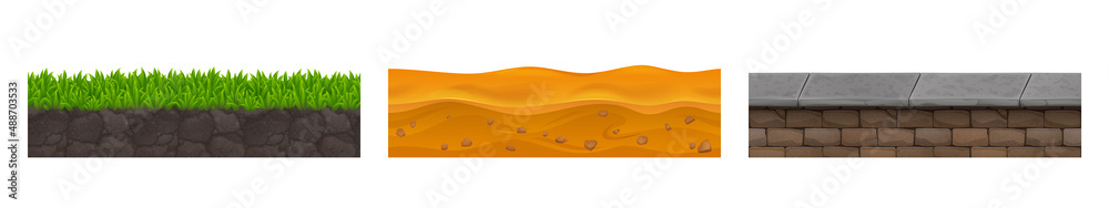 Game textures of grass, sand and pavement cross section view. Cartoon ...