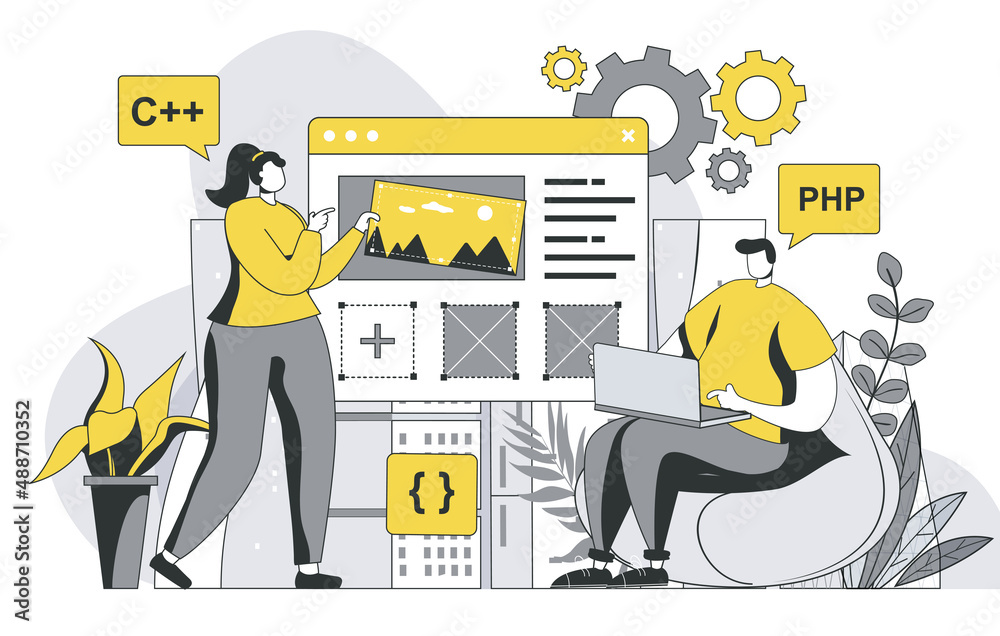 Developers team concept with outline people scene. Man and woman are ...