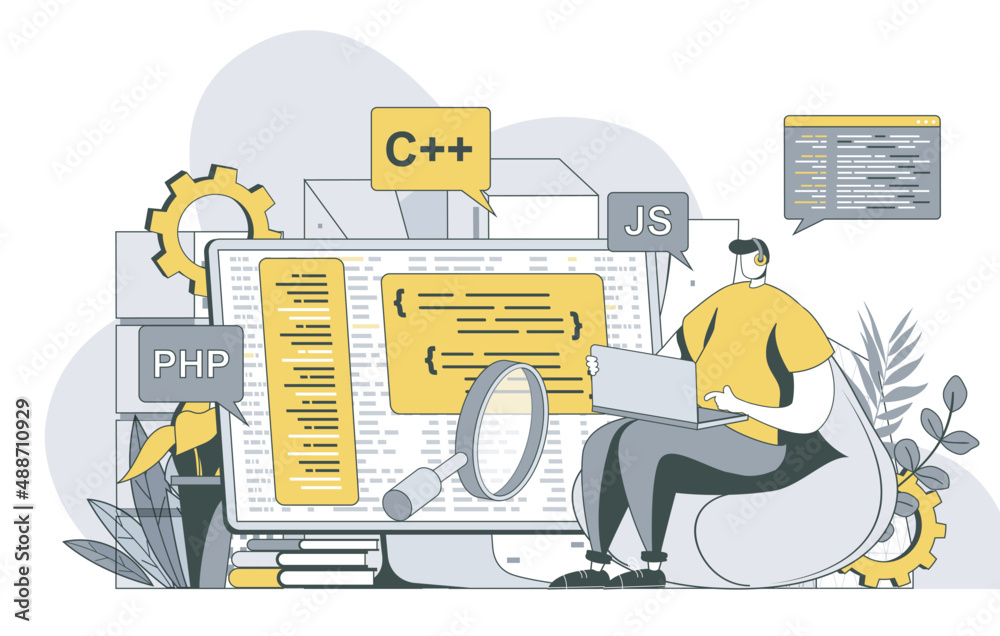 Programming software concept with outline people scene. Developer codes in different languages ...