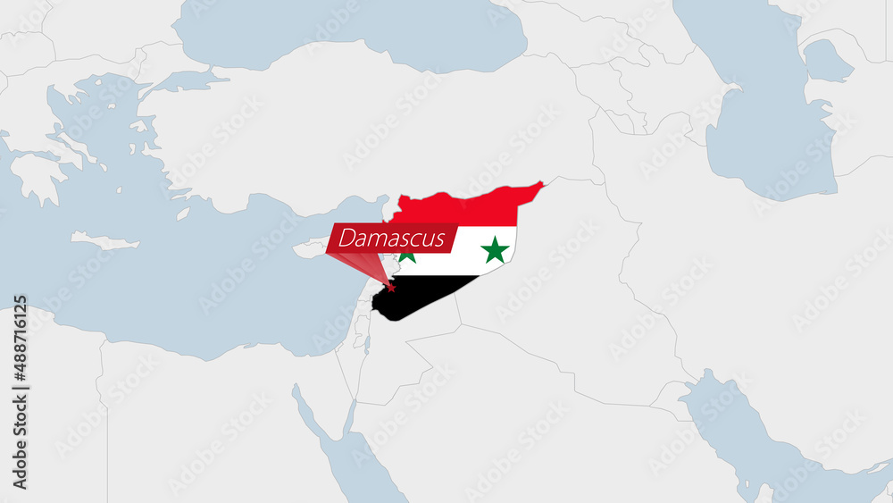 Syria map highlighted in Syria flag colors and pin of country capital ...