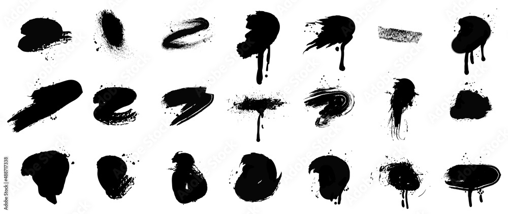 Set of black graffiti spray. Collection of abstract ink paint, drips ...