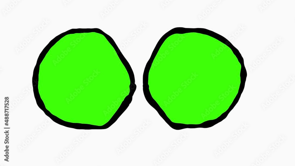 Cells fusing together .Two circles merging into 1 circle. Green spheres ...