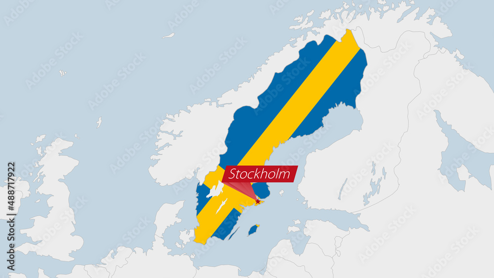 Vetor de Sweden map highlighted in Sweden flag colors and pin of ...