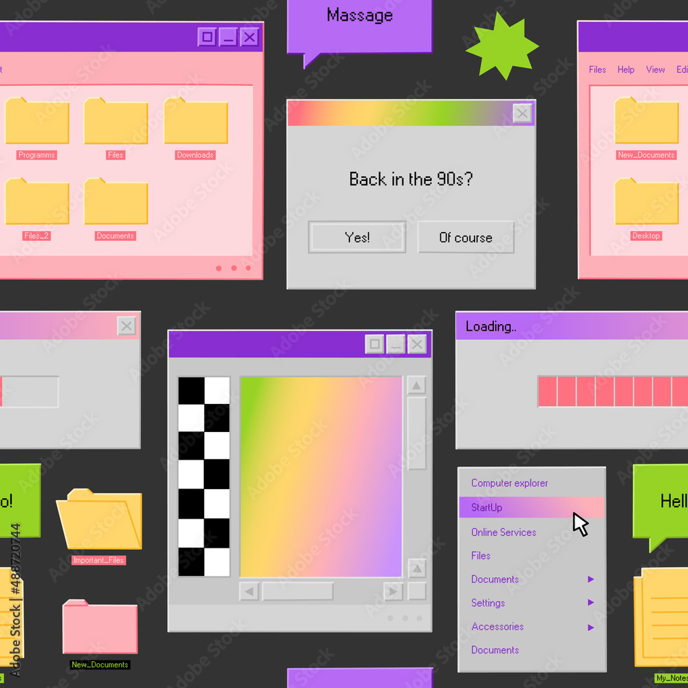Retro style desktop seamless pattern with user interface elements. Old ...