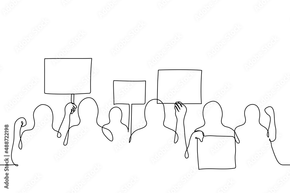 crowd of people with placards and banners - one line drawing vector ...