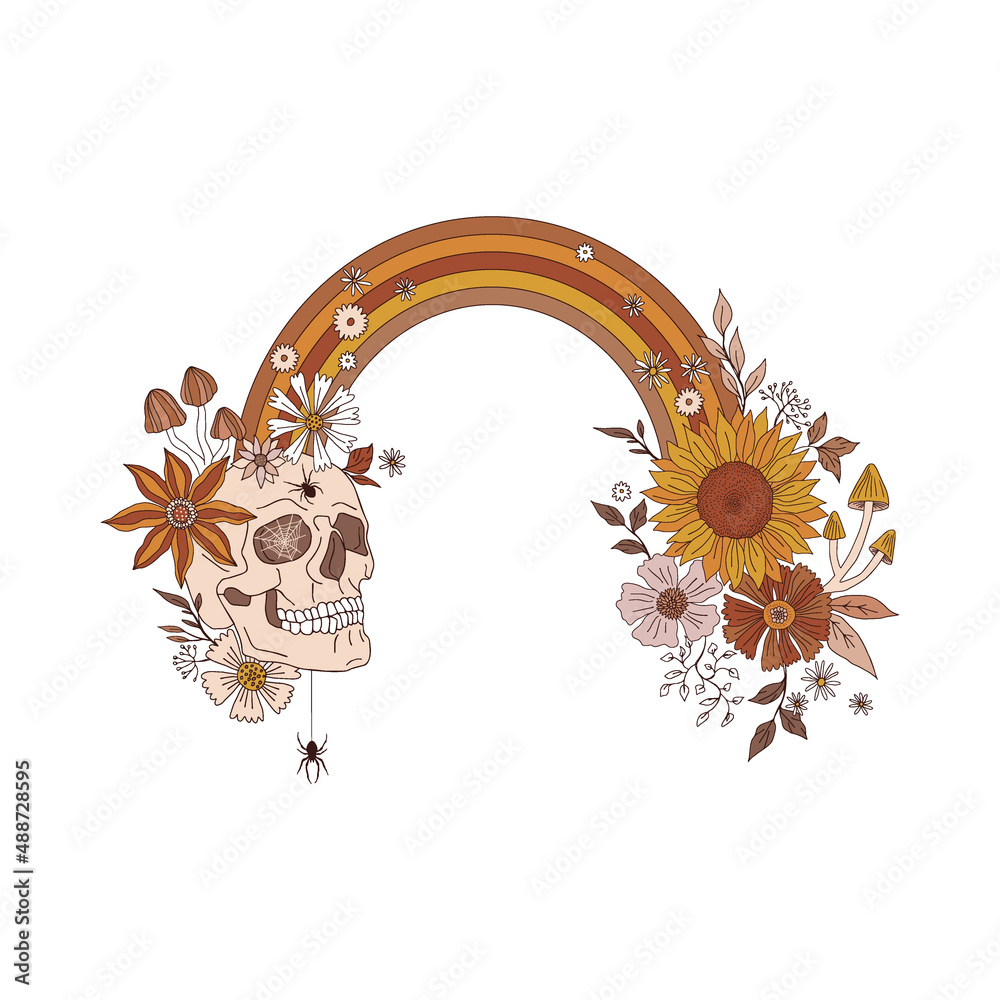 Groovy rainbow with skull spider flowers mushrooms vector illustration ...