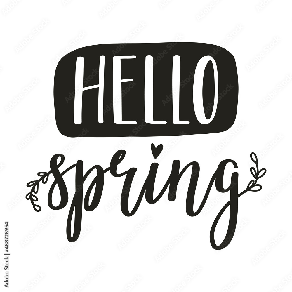 Hello spring. Hand lettering with doodle twigs. Cards template ...