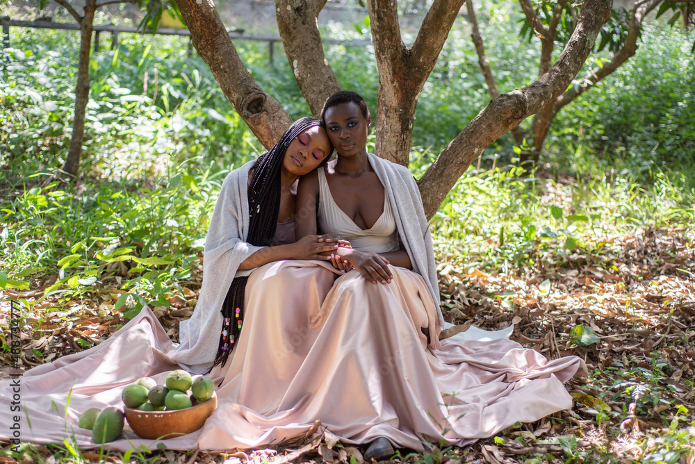 Portrait of two young African women seated under a tree in a mango ...